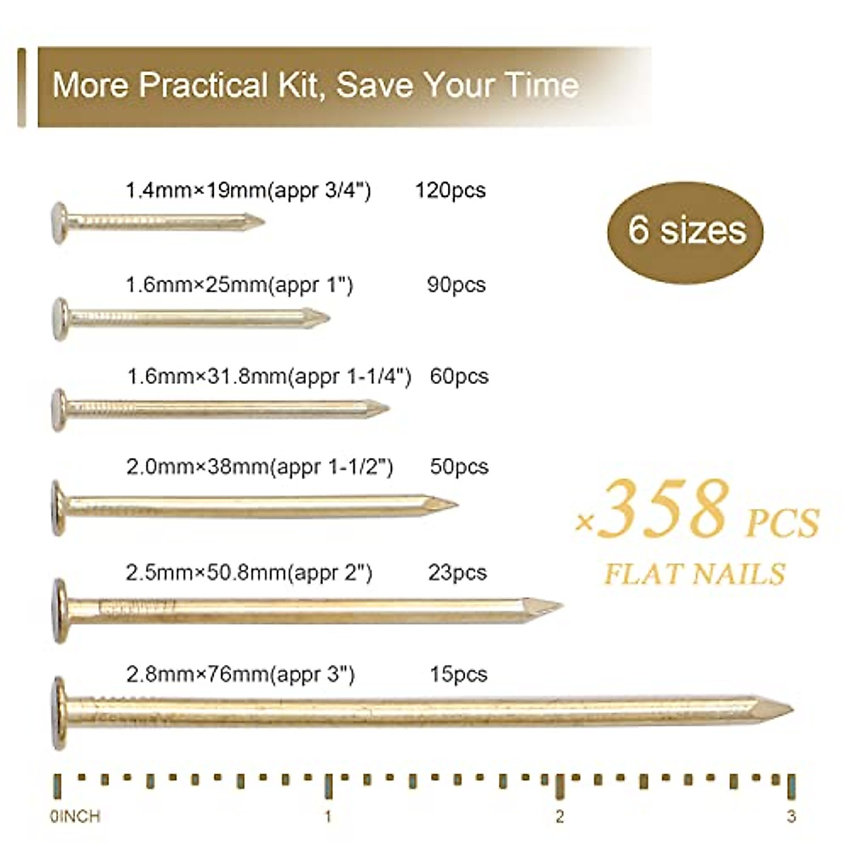 6 Sizes Gold Hardware Nails Assortment Kit, 358pcs, Brass Plated, Nails for Hanging Pictures, Finishing Nails, Wood Nails, Wall Nails for Hanging (3”, 2”, 1-1/2”, 1-1/4", 1”, 3/4")