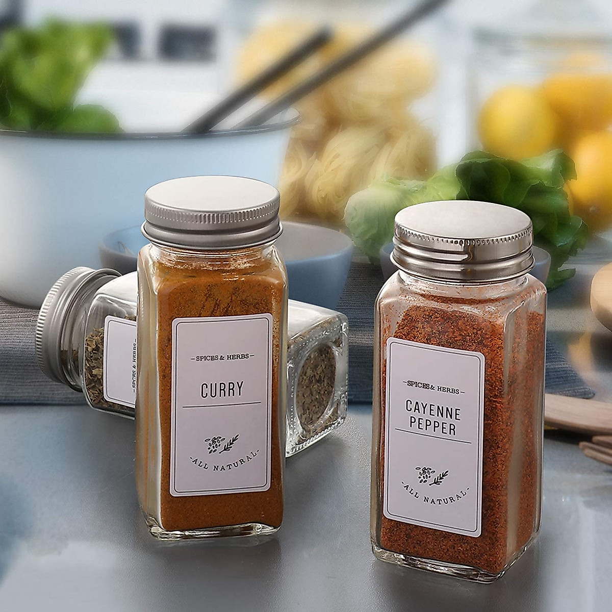 AOZITA 36 Pcs Glass Spice Jars with White Printed Spice Labels - 4oz Empty Square Spice Bottles - Shaker Lids and Airtight Metal Caps - Silicone Collapsible Funnel