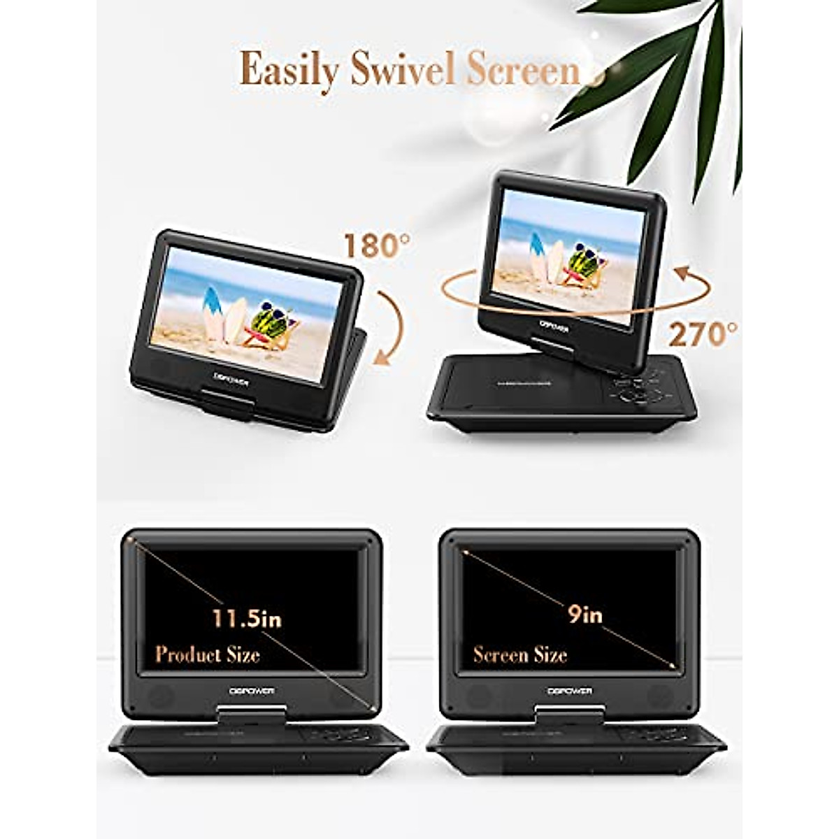 DBPOWER 11.5" Portable DVD Player, 5-Hour Built-in Rechargeable Battery, 9" Swivel Screen, Support CD/DVD/SD Card/USB, Remote Control, 1.8 Meter Car Charger, Power Adaptor and Car Headrest (Black)