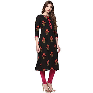 Janasya Indian Women's Tunic Tops Cotton Kurti for Women(JNE2170-KR-436-XL) Black