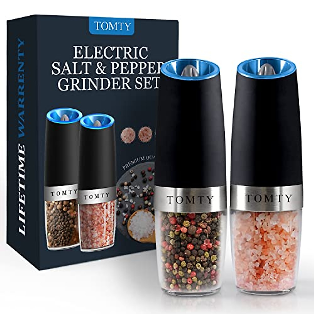 (2 Pack) Gravity Electric Salt and Pepper Grinder Set Battery Operated One Hand Automatic Operation, Adjustable Coarseness Mill Grinders Shakers LED Light Stainless Steel, Kitchen Gadgets Gifts Ideas