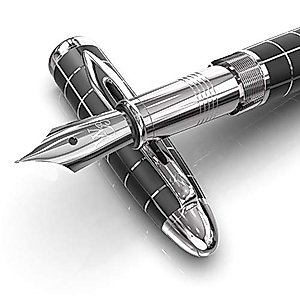 Wordsworth & Black Majesti Fountain Pen - (Checked), Luxury Case, Chrome Finish, Iridium Medium Nib - 24 Ink Cartridges, Refillable Ink Converter-Calligraphy Pen-Best Business Gift Set for Men & Women