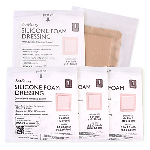LotFancy Silicone Foam Dressing, 4"x 4" (2.5”x 2.5” Pad), 10 Count, Adhesive Wound Dressing with Border, Bed Sores, Pressure Ulcers Bandages Pads, Highly Absorbent, Waterproof