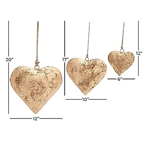 Deco 79 Metal Heart Decorative Bell with Hanging Rope, Set of 3 20", 17", 12"H, Gold