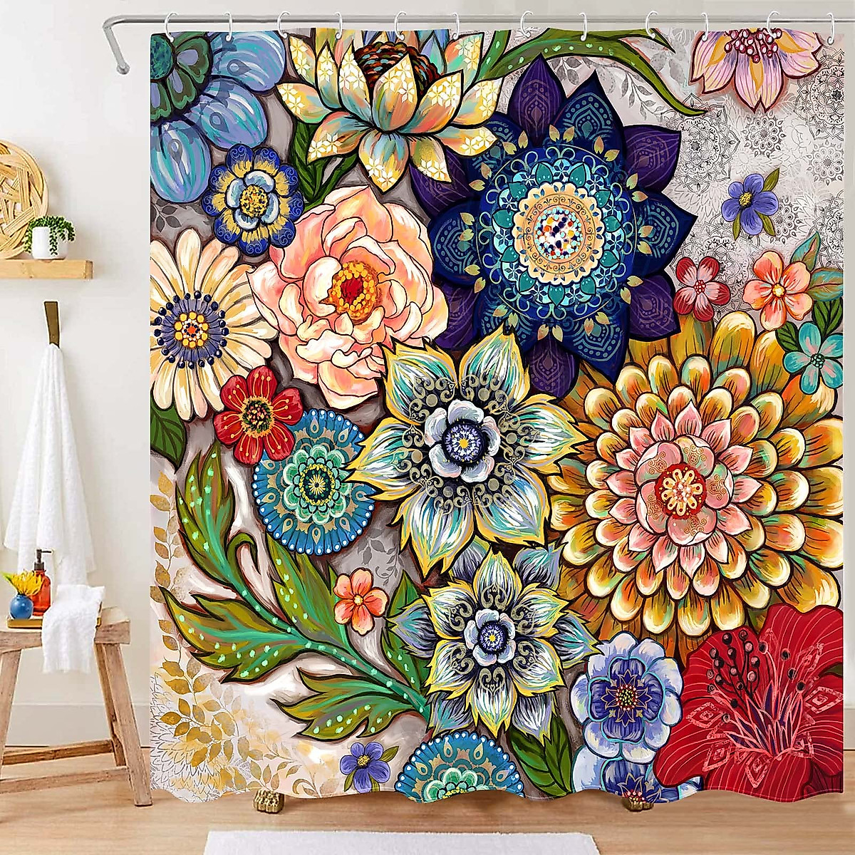 Neasow Boho Floral Shower Curtains for Bathroom, Bright Fabric Blossom Shower Curtain with 12 Hooks, Multi Color 72"×72"