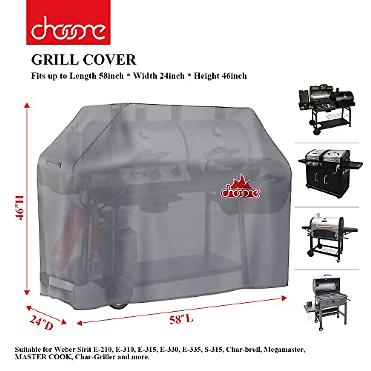 Chooone 58 Inch Grill Cover, Heavy Duty Waterproof Barbecue Gas Grill Cover, Windproof, UV and Fade Resistant, 600D BBQ Grill Cover for Weber Brinkman Char-Broil and More, Grey Cover