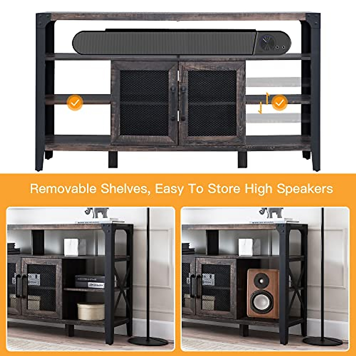 OKD TV Stand Industrial Rustic Entertainment Center for 65 Inch TV, 33" Tall Wood Media TV Console Cabinet Table w/Soundbar Shelf & 2" Wide Metal X-Frame for Living Room, Dark Rustic Oak