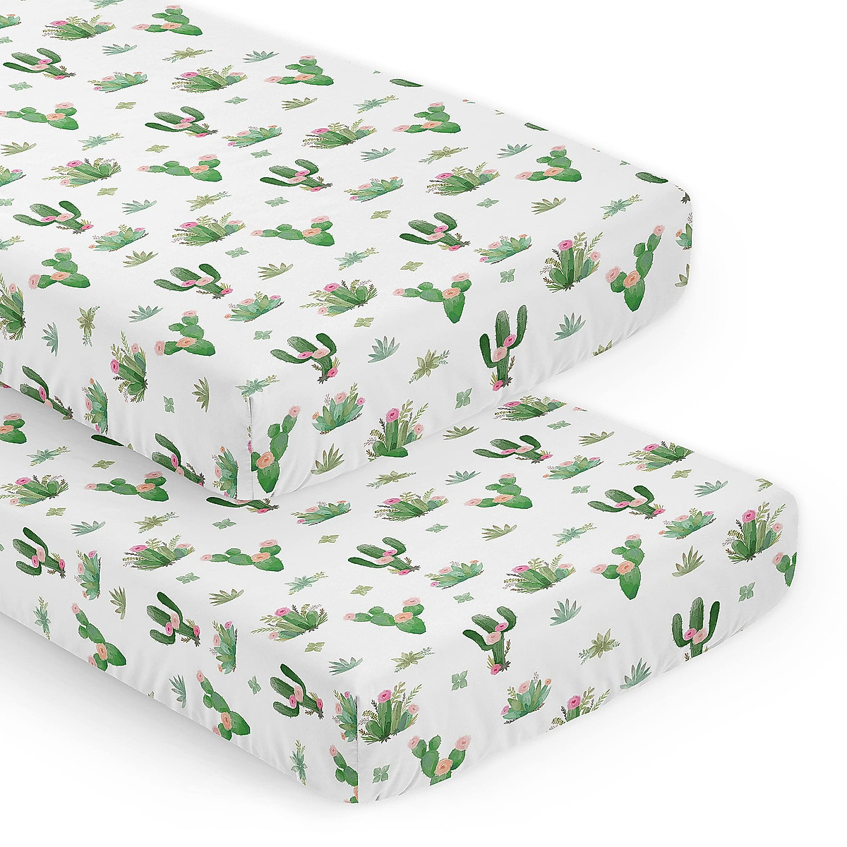 Sweet Jojo Designs Pink Green Cactus Floral Girl Baby Fitted Crib Sheet Set Nursery Soft Infant Newborn Fits Standard Mattress or Toddler Bed - 2pc - Boho Bohemian Watercolor Shabby Chic Desert