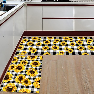 Sailground Kitchen Rugs and Mats Sets of 2, Summer Fresh Sunflower Black Buffalo Check Plaid Sweet Farm Life Time Indoor Floor Mats Non-Slip Area Rug Carpet for Bathroom Living Room Office Home Decor