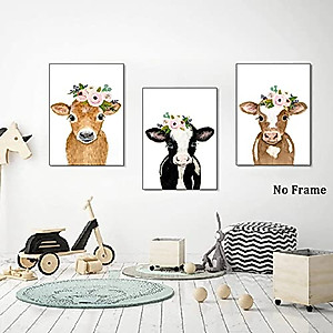 Cute Cow Canvas Wall Art Baby Animal Picture for Nursery Farm Animal Wall Decor Cow with Flowers Poster Baby Cow Cattle Painting with Flower Crown Artwork Brown Cow Wall Art 16x24inchx3pcs No Frame