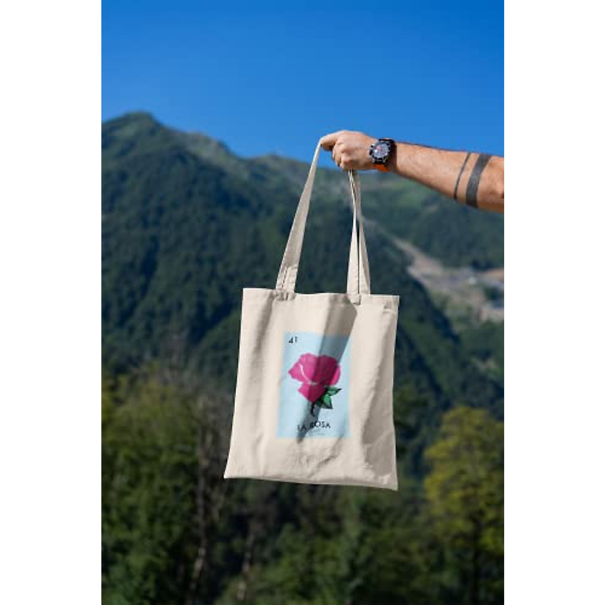 Pop Threads La Rosa Rose Loteria Card Mexican Bingo Black 15x15 inches Large Canvas Tote Bag