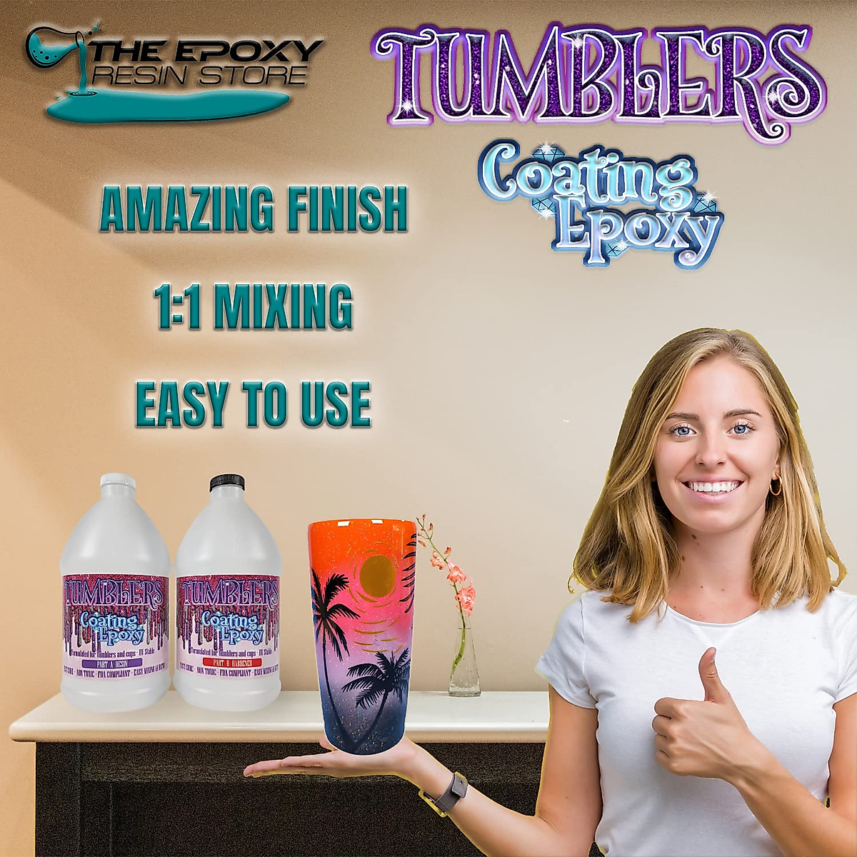 The Epoxt Resin Store - Tumbler Coating Epoxy Resin, Super Gloss Shine, Fast Cure, Self Leveling, Low Odor, Easy Mixing (1-1), UV Stable, 2 Part 1 Gallon kit