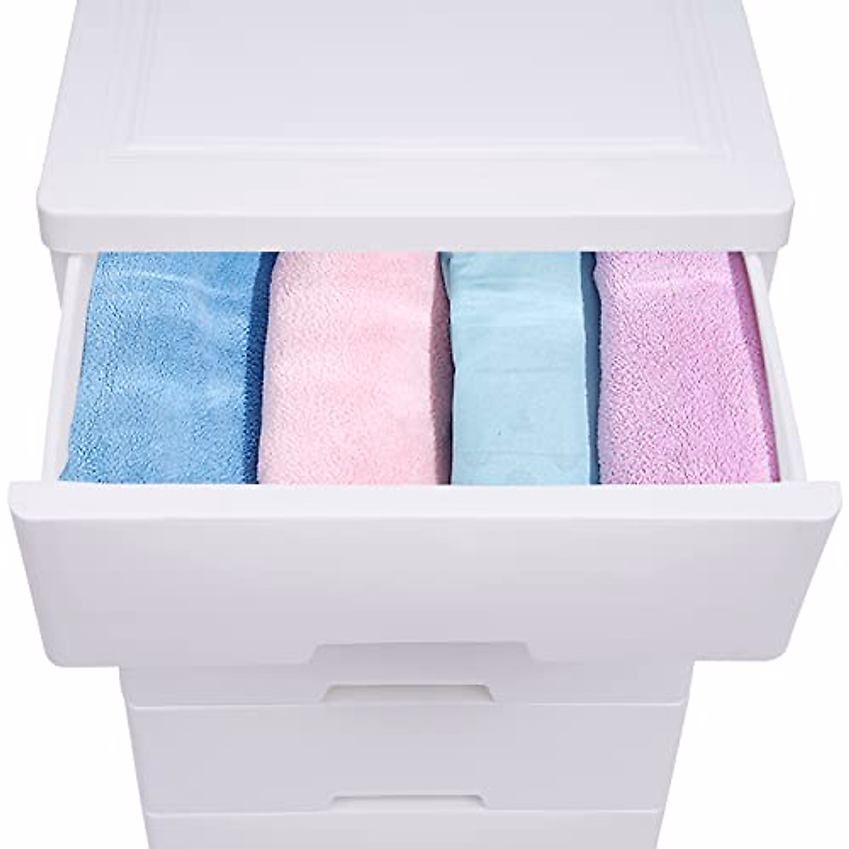 WOQLIBE White Plastic Storage Dressers,with 5 Drawers,File Vertical Cabinet with Wheel Casters for Playroom Bedroom Hallway Entryway Furniture,17.72''D x 11.81''W x 33.07''H(White)