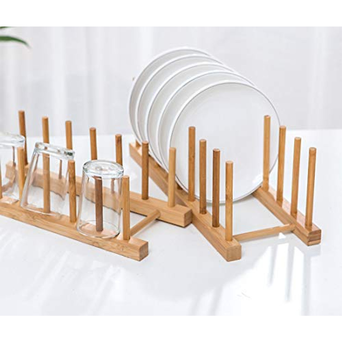 Lawei Set of 6 Bamboo Dish Rack - 3/6/8 Slots Wooden Plate Rack Stand Pot Lid Holder Dish Drying Rack for Dish, Bowl, Cup, Cutting Board and More