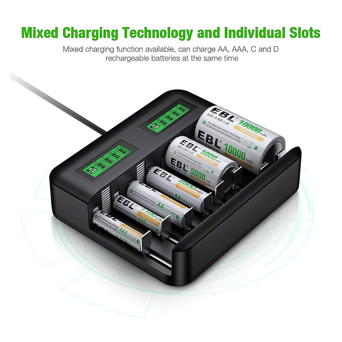 EBL LCD Rechargeable Battery Charger - 8 Bay AA AAA C D Battery Charger for Rechargeable Batteries Ni-MH AA AAA C D Batteries with 2A USB Port, Type C Input