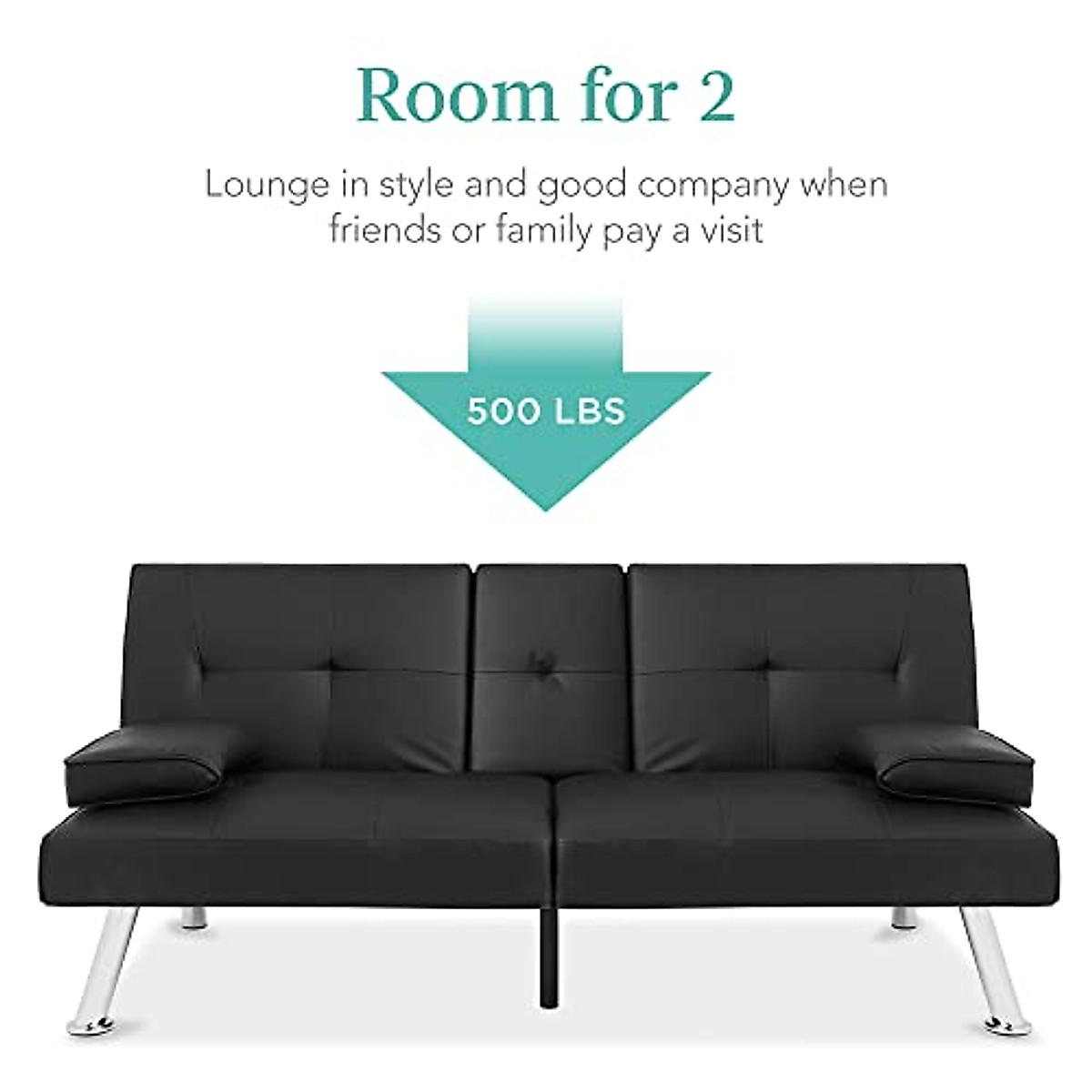 Best Choice Products Faux Leather Upholstered Modern Convertible Folding Futon Sofa Bed for Compact Living Space, Apartment, Dorm, Bonus Room w/Removable Armrests, Metal Legs, 2 Cupholders - Black