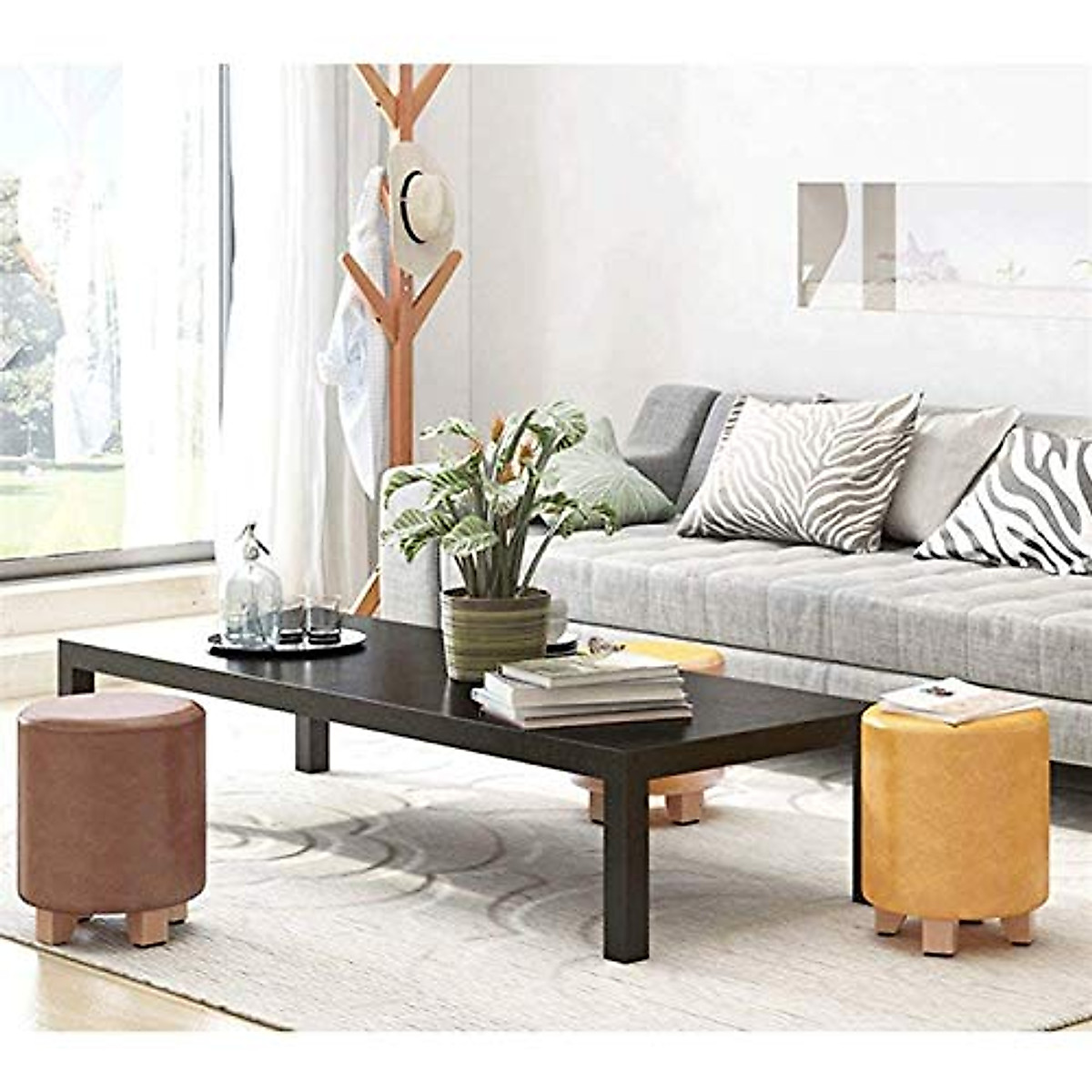HAPPLiGNLY Footstools, Pouffe Stool, Round Chest Padded Footstool PU Leather Pouffe Chair Bed End Bench Shoe Bench Milking Stool Small Foot Rest Stool Low Stools (Color : Beige, Size : 29×35)