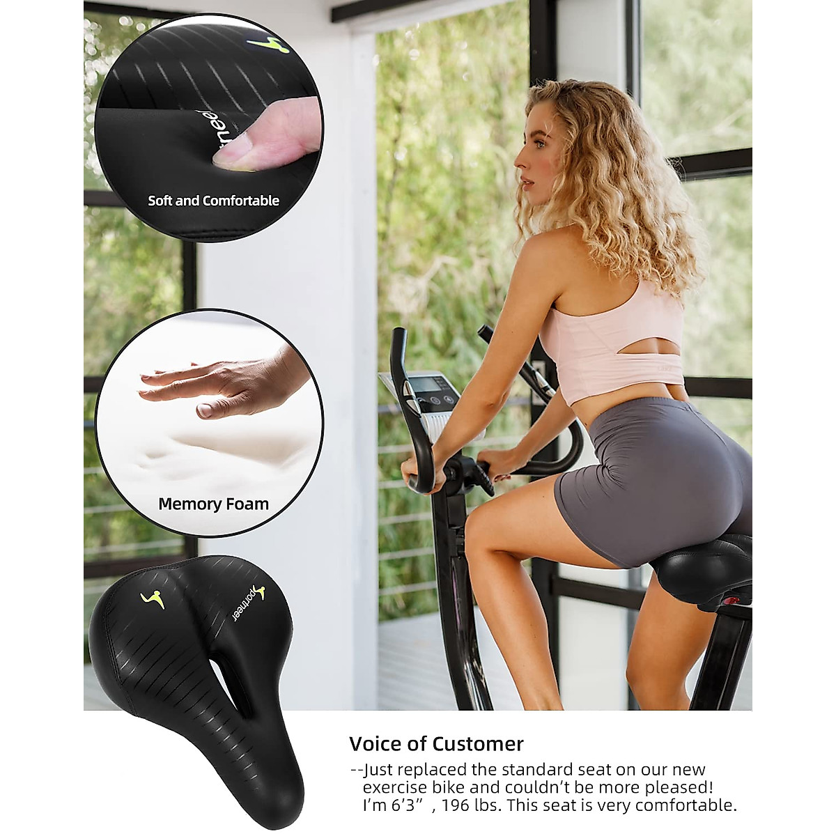 Sportneer Comfort Spin Bike Seat: Bicycle Seat Cushion for Men Women, Memory Foam Padded Bike Seat Cushion, Waterproof Shock-Proof Bike Saddles, Perfect for Peloton Bikes Indoor Outdoor Cycling