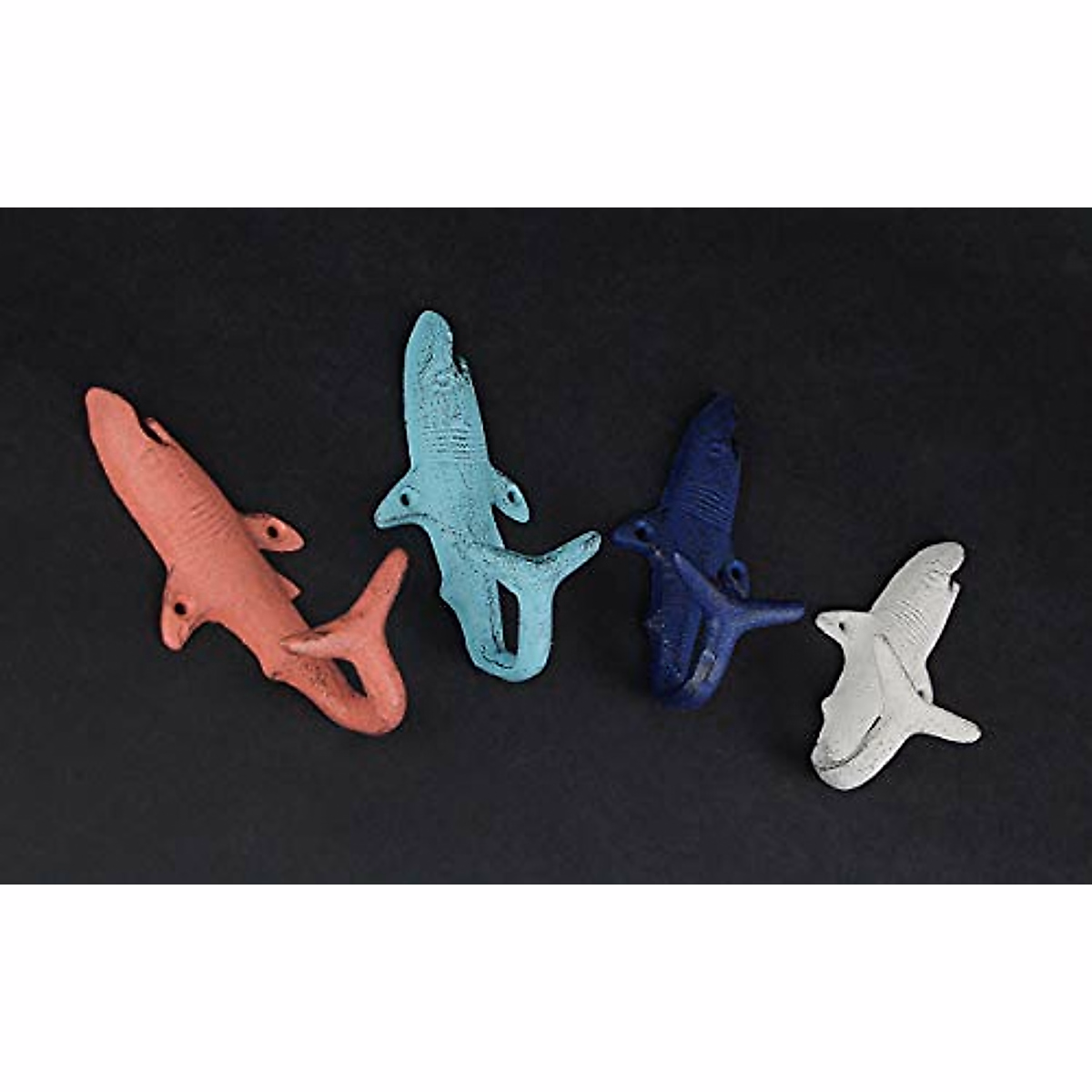 Set of 4 Cast Iron Coastal Shark Tail Wall Hooks Decorative Nautical Beach Bathroom Towel Or Coat Hanging Decor