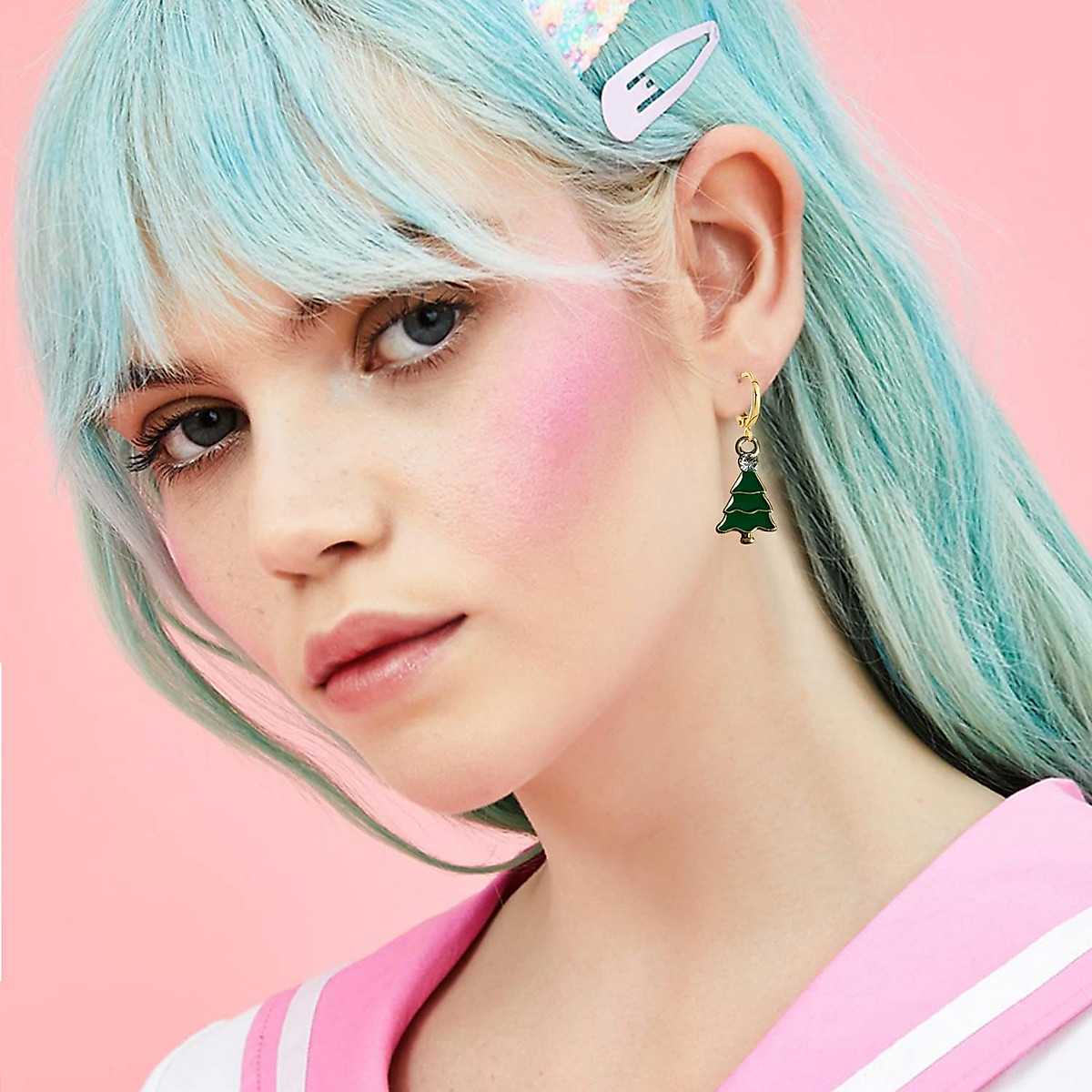 Just Follow 10 Pairs Christmas Hoop Huggie Earrings for Women Christmas Stud Earrings Christmas Trees Bells Snowflakes Earrings for Girls Thanksgiving Xmas Holiday Jewelry (10 Pairs-Gold)