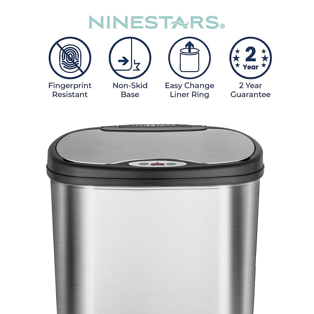 Ninestars DZT-50-13 Automatic Touchless Motion Sensor Oval Trash Can with Black Top, 13 gallon/50 L, Stainless Steel