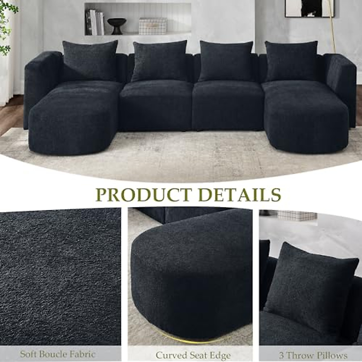 KIVENJAJA Modular Sectional Sofa, U-Shaped Couch with Double Chaise & Pillows, Modern Minimalist Boucle Fabric Large Comfy Cloud Sofas, Living Room Furniture Sets, 117 inch, Black