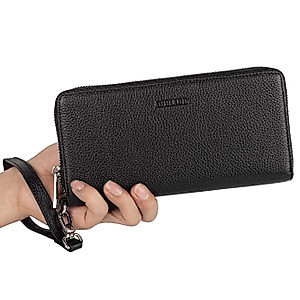 AGBIADD Plus Size RFID Blocking Women's Wallet Genuine Leather Zip Around Clutch Large Travel Purse (Black)