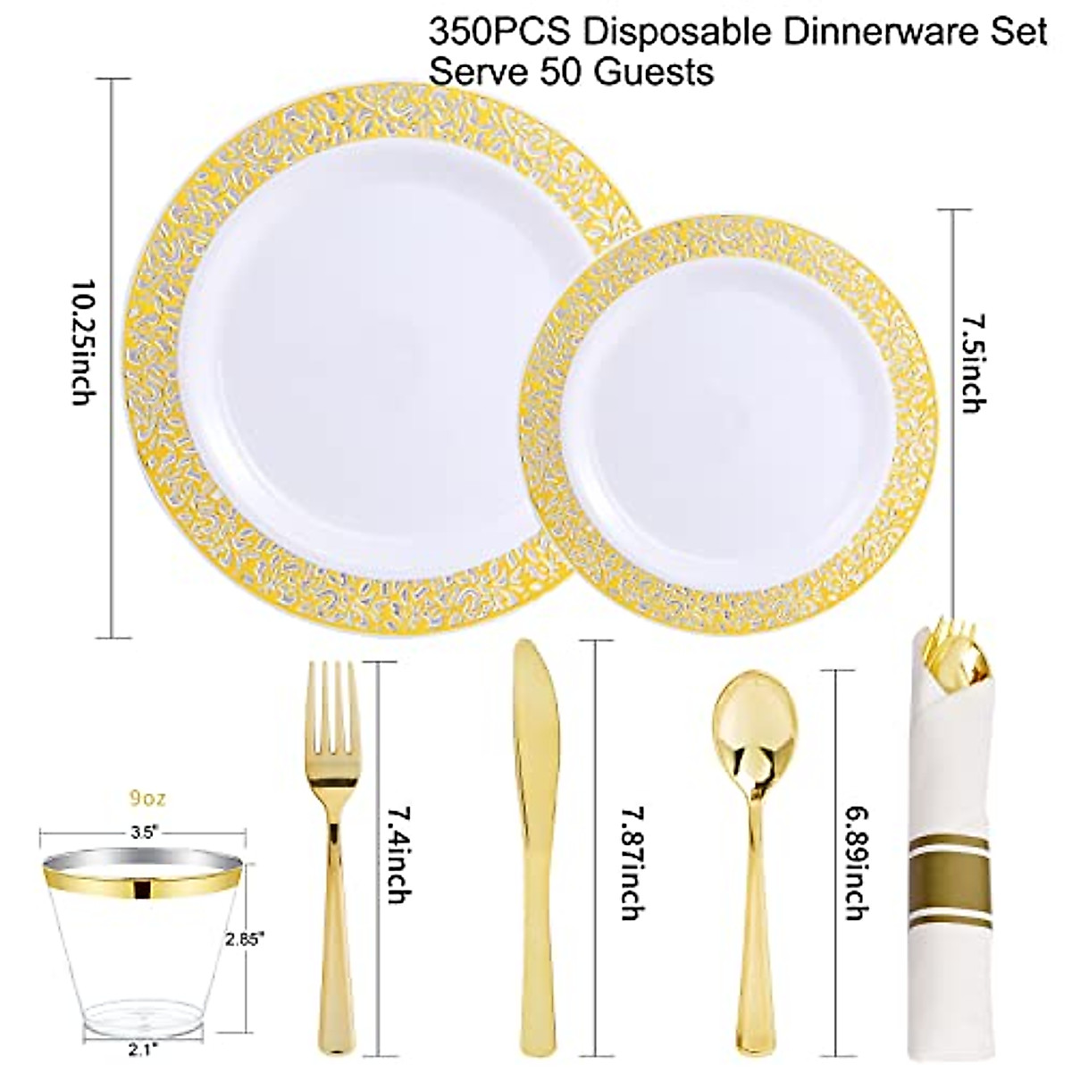 WELLIFE 350 Pieces Gold Plastic Dinnerware,Disposable Gold Lace Plates, Include:50 Dinner Plates,50 Dessert Plates, 50 Pre Rolled Napkins with Gold Silverware and 50 Cups