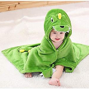 TONWHAR 0-4 Years Toddlers' And Kids' Boys Girls Animal Face Hooded Blanket Baby's Bathrobe,Plush After Bath Blanket (Green Dinosaur)