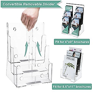 Acrylic Brochure Holder 8.5 x 11 inches, 3 Tier Clear Literature Holder with Removable Divider for Trifold 4 Inches Wide Pamphlet, Plastic Flyer Display Stand for Magazine, Document, Booklet