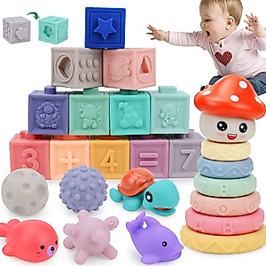Snlywan Montessori Toys for Babies 6-12 Months,25 PCS Infant Baby Blocks,Incl Soft Blocks for Babies & Stacking Rings & Sensory Balls & Baby Bath Toys,Sensory Developmental Learning Toys for Babies