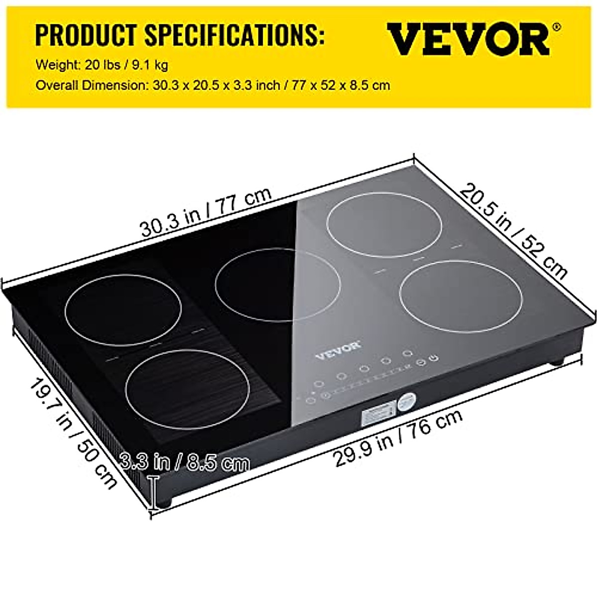VEVOR Built-in Induction Electric Stove Top 30 Inch,5 Burners Electric Cooktop,9 Power Levels & Sensor Touch Control,Easy to Clean Ceramic Glass Surface,Child Safety Lock,240V