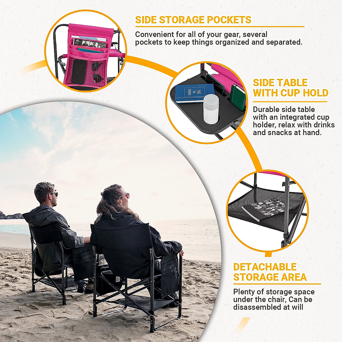 KingCamp Directors Side Table Heavy Duty Support 300LBS Adults with Pockets Outdoor Portable Folding Camp Chair for Beach, Fishing,Trip,Picnic,Lawn,Concert, Oversized, 1-Pink