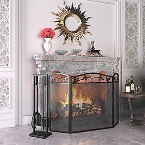 CALIDOLA 5 Pieces Fireplace Tools Set Wrought Iron Fireplace Tools with Chimney Poker, Tongs, Shovel, Brush and Stand Hearth Accessories Set, Black