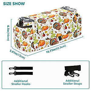 Thanksgiving Pumpkin Turkey Stroller Organizer with Cup Holder Universal Stroller Organizer Bag Detachable Shoulder Strap Stroller Accessories for Diaper Toys Phone Keys Fit All Baby Stroller