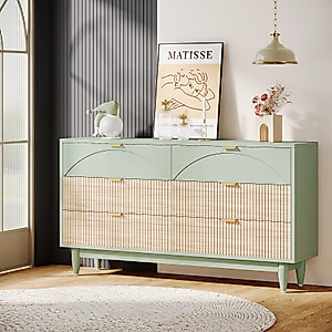 Tribesigns 6-Drawer Dresser for Bedroom: 55 Inches Modern Chest of Drawers with Gold Metal Handles, Green Long Double Dresser Organizer Wood Cabinet for Bedroom, Closet, Living Room
