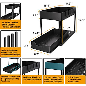 2 Pack Under Sink Organizer Storage with Sliding Cabinet Basket 2 Tier Multi-Purpose Under Sink Organizer and Storage for Bathroom Kitchen with 4 Hooks,2 Pack,Black