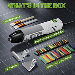 Mini Heat Gun for Christmas Gifts and Christmas Decorations, Huepar Tools 446°F/752°F Dual Temperature Heat Gun Tool, Includes 164PCS Heat Shrink Tubing, 2 Silicone Brushes and 2 Nozzles