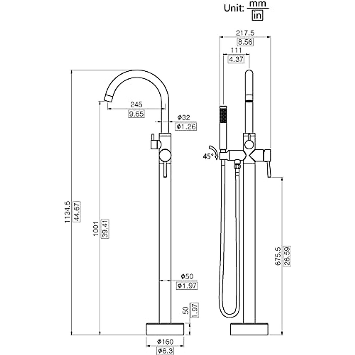Westbrass DF02043-62 Floor Mount Freestanding Bathtub Filler Faucet with Handheld Shower, Matte Black