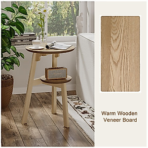 ChooChoo Round End Table Set of 2, Narrow Side Table for Small Spaces, Accent Table Night Stand with 2 Tier Shelf for Bedroom and Living Room, Natural