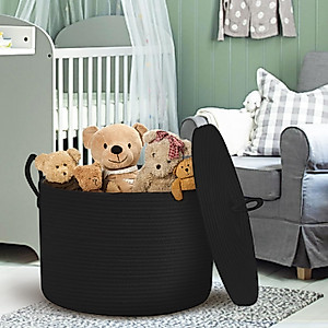 MEGASKET Black Basket with Lid, 20" X 15" Large Wicker Baskets for Organizing, Woven Cotton Rope Baskets for Storage, Kids Room Storage Toy Box Organizer and Storage Basket, Stuffed Animals basket Bin