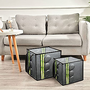 Poeticcity Black Zen Basalt Stones with Dew Green Bamboo on Dark Square Storage Basket Bin, Collapsible Storage Box, Baskets Organizer for Toy, Clothes Easy to Assemble 10.6x10.6x10.6 in