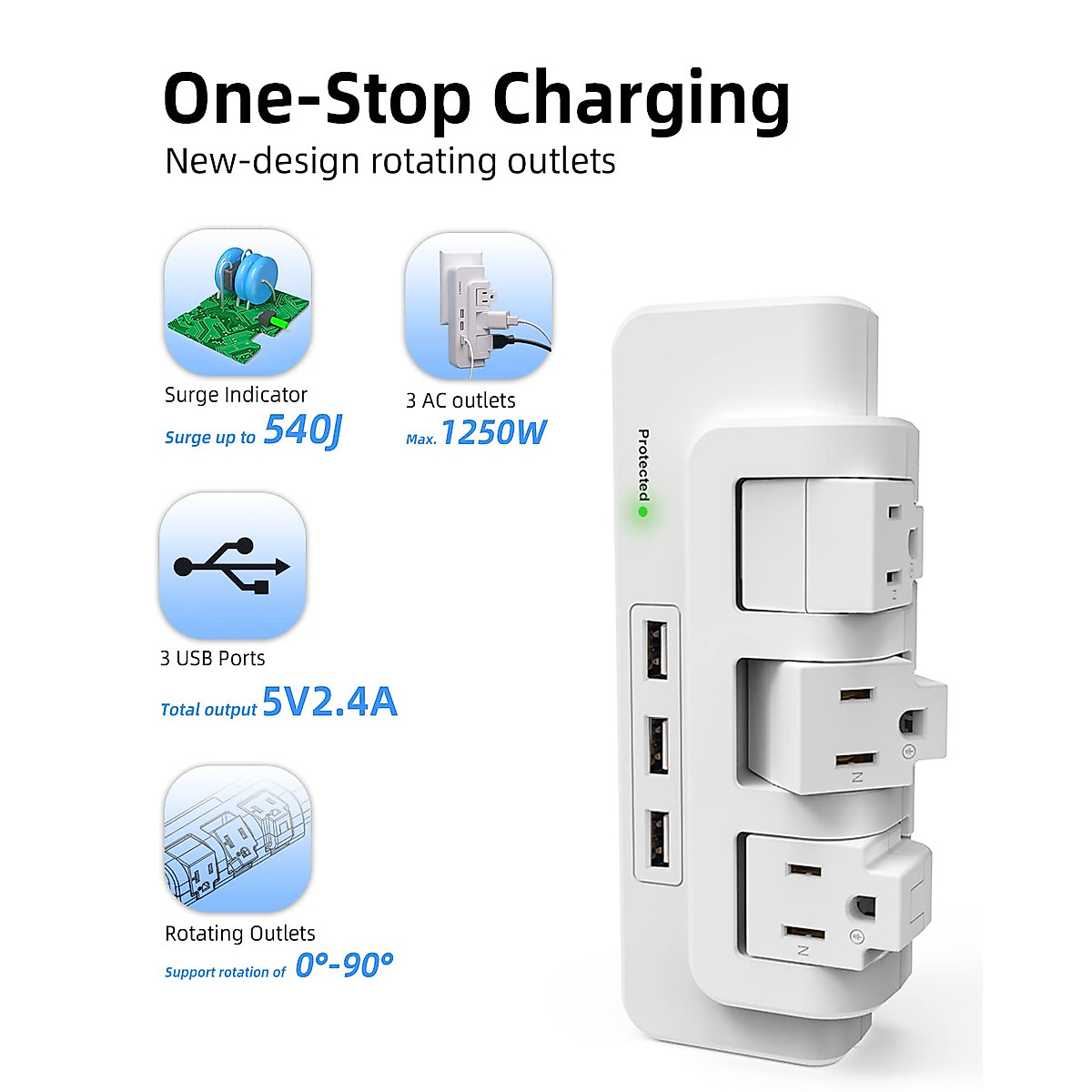 Wall Outlet Extender Surge Protector Multi Outlet Wall Plug Rotatable with USB