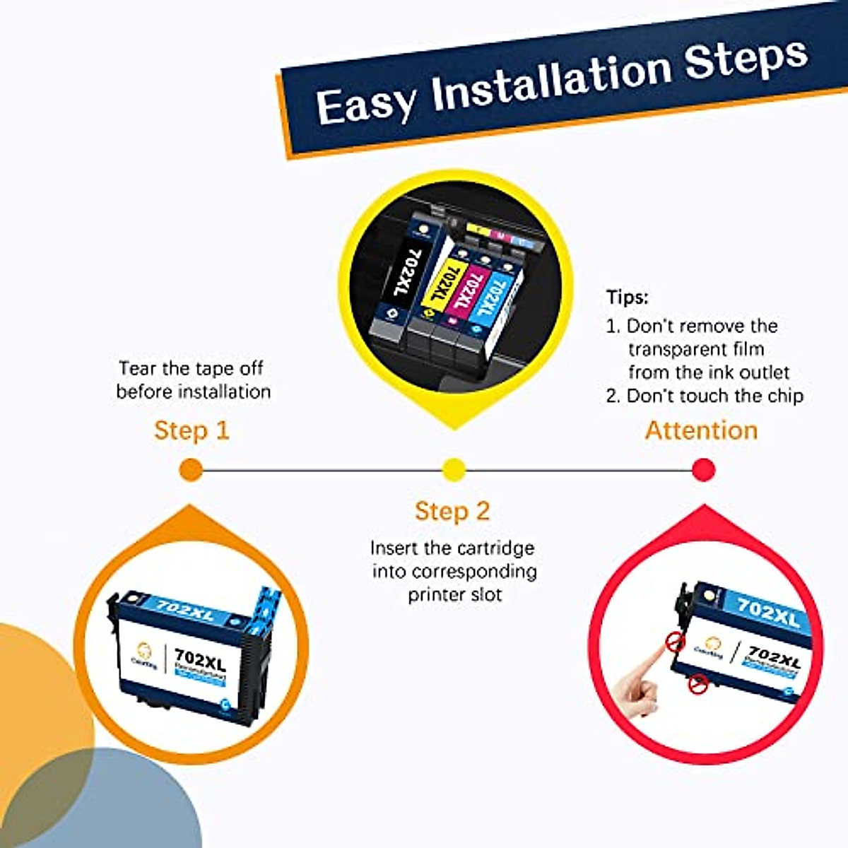 Colorking Remanufactured Ink Cartridge Replacement for 702XL T702 702 XL for Pro WF-3720 WF-3730 WF-3733 WF3720 WF3730 WF3733 Printer (1 Large Black, 1 Cyan, 1 Magenta, 1 Yellow, 4-Pack)