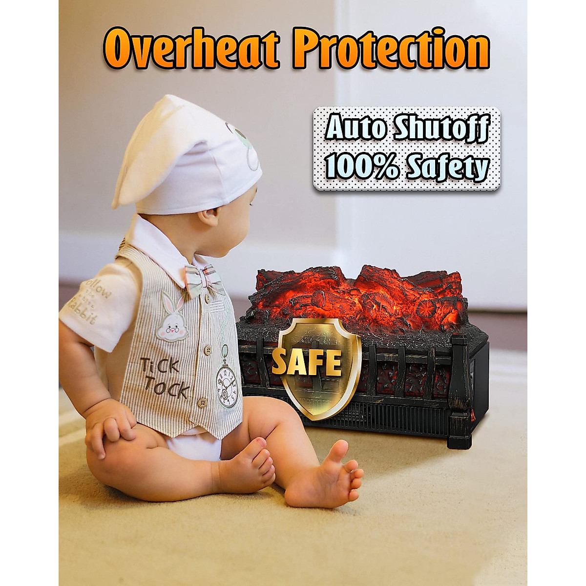 Electric Fireplace Logs Heater, Fireplace Insert with Realistic Fake Fire, 4 Flame Brightness, Remote Control, 8H Timer, Overheat Protection, Ember Bed Heater for Living Room, Christmas Decor, 1500W