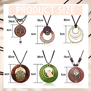Fansilver 6Pcs Long Wooden Pendant Necklaces for Women Bohemian Sweater Necklace Set Handmade VintageWooden Bird Leaf Tree Layered Pendant Necklace Brown Y Necklace Fashion Hippie Jewelry