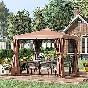 Outsunny 10' x 10' Patio Gazebo, Outdoor Gazebo Canopy Shelter with Double Vented Roof, Netting and Curtains, for Garden, Lawn, Backyard and Deck, Brown