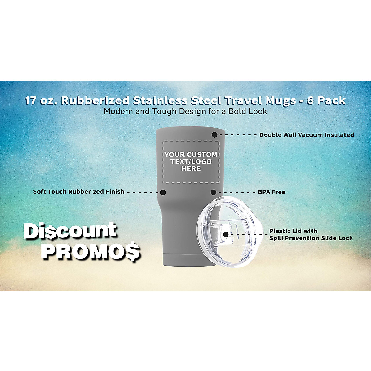 Personalized 17 oz. Rubberized Stainless Steel Travel Mugs - 6 Pack - Custom Text, Logo - Grey