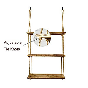 DryInsta Rope Floating Shelves Wood Hanging Swing 3 Tier 21.65" x 8.6" for Living Room Bedroom Bathroom Farmhouse Home Decor and Wall Storage (Jute Rope)