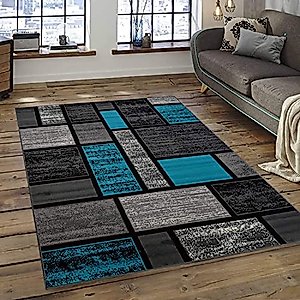 Champion Rugs Square Pattern Area Rug Geometric Pattern Modern Turquoise Gray Carpet Shed Free Stain Resistant (7’ 8” X 10’ 8”)